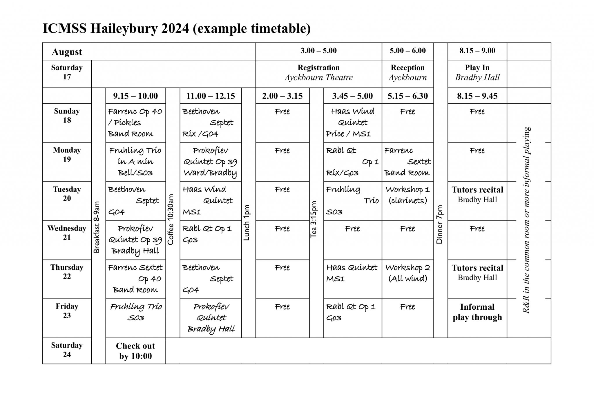 Timetable – International Chamber Music Summer School